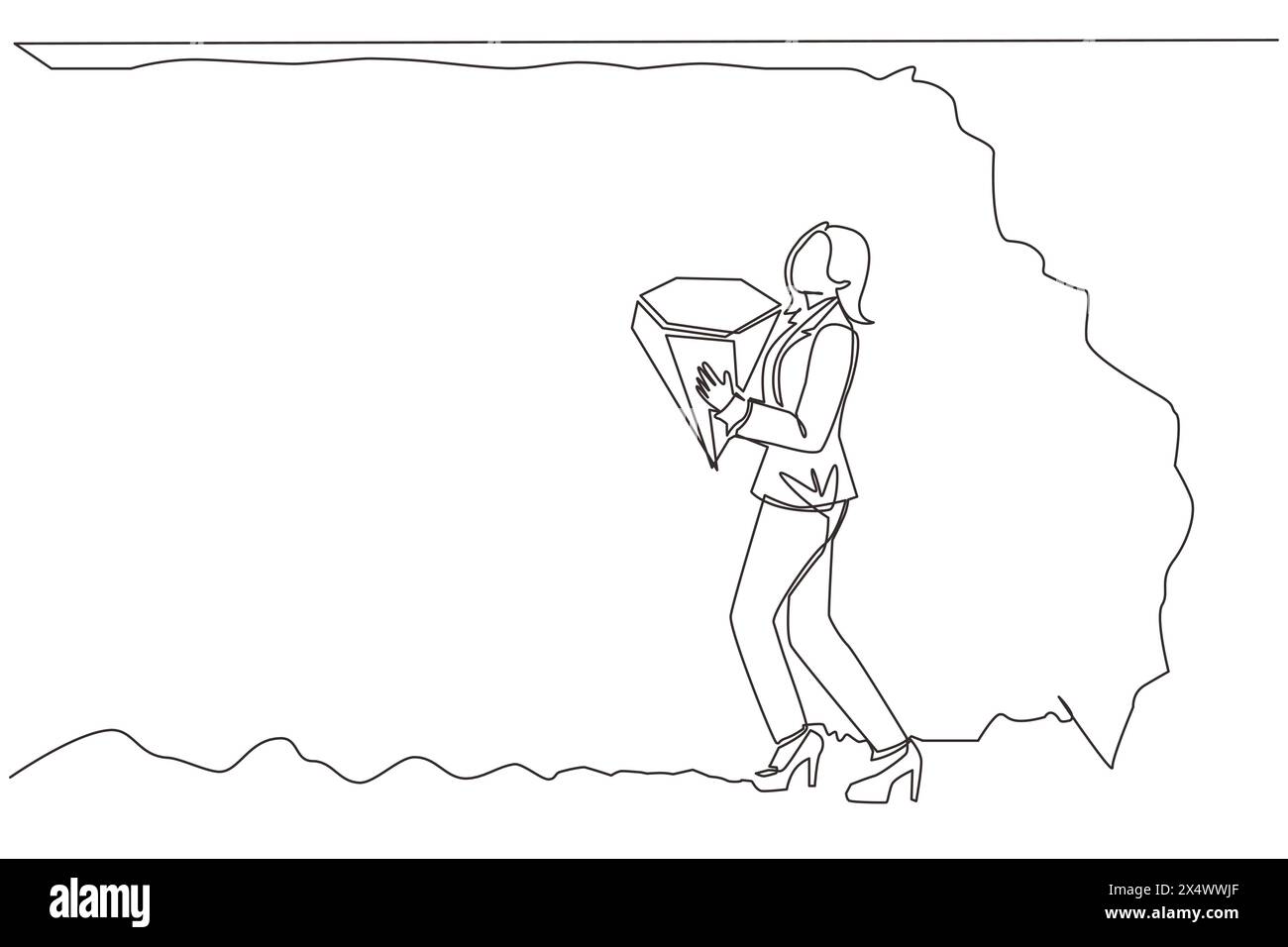 Single one line drawing young businesswoman bearing big diamond from ...