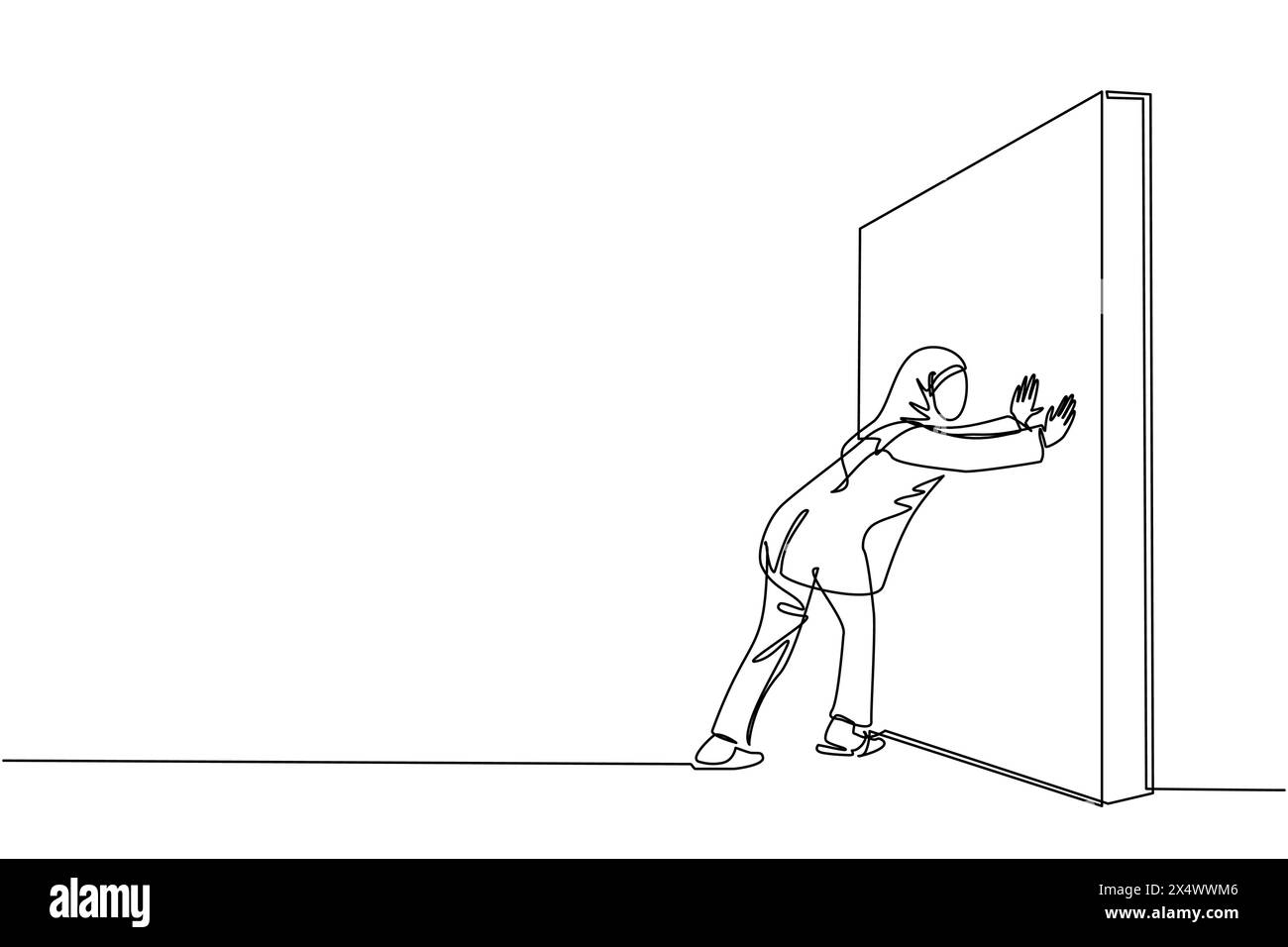 Single continuous line drawing Arab businesswoman pushing wall ...
