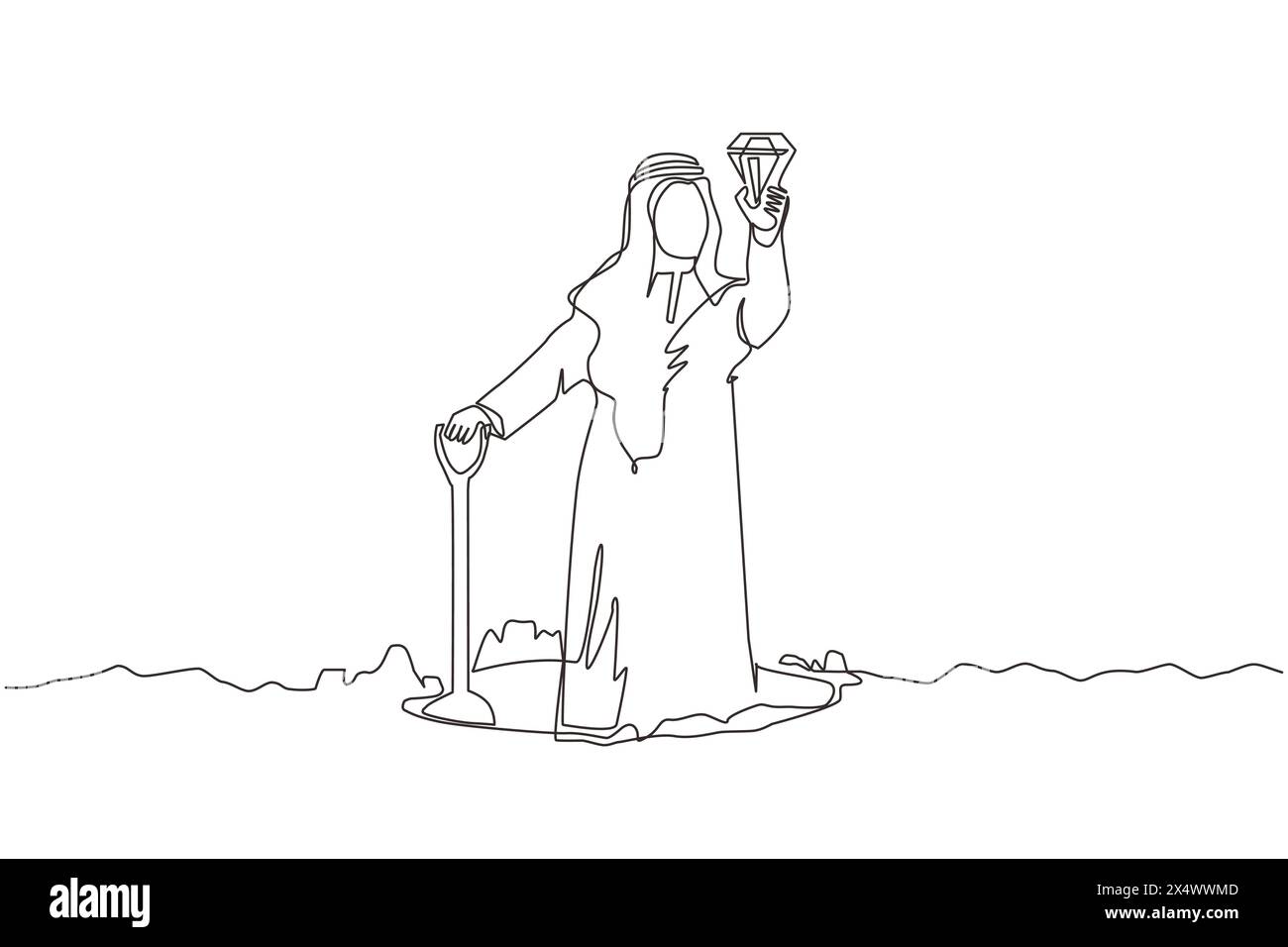 Continuous one line drawing happy Arab businessman hold and find ...