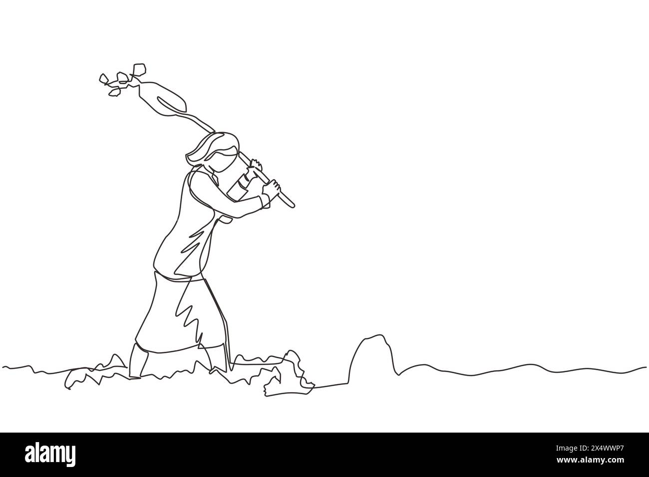 Continuous one line drawing businesswoman digging in dirt using shovel ...
