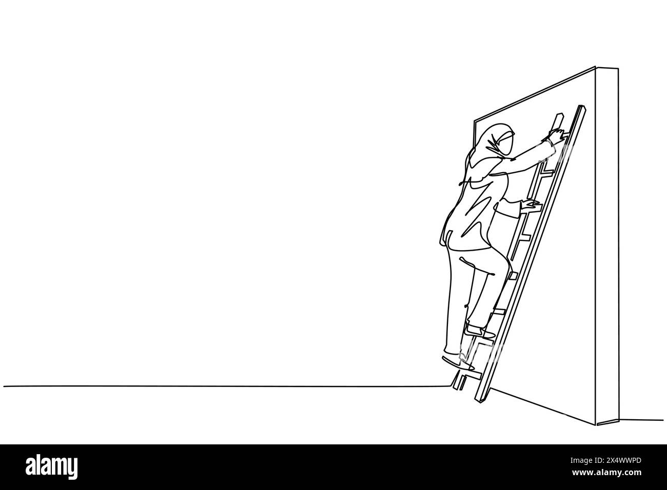 Continuous one line drawing Arab businesswoman climbing up the wall ...