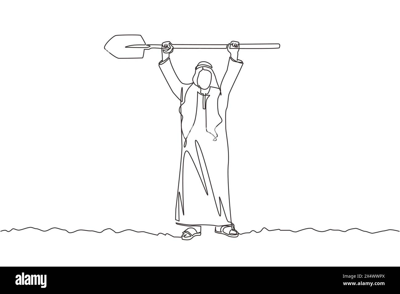 Continuous one line drawing Arab businessman standing and lifting big ...