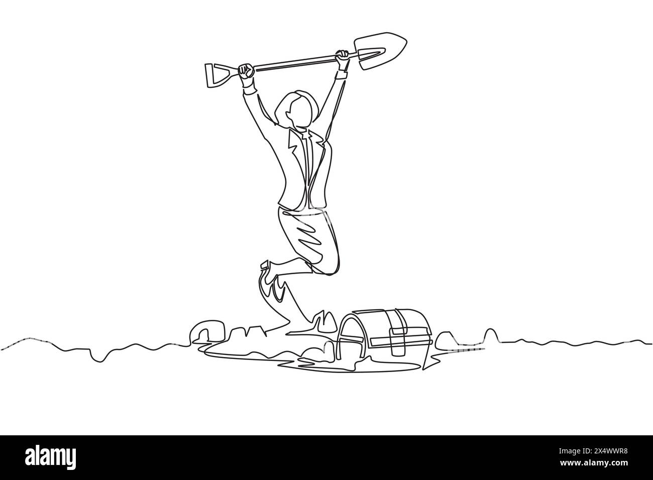 Single continuous line drawing businesswoman in hole prancing happily ...