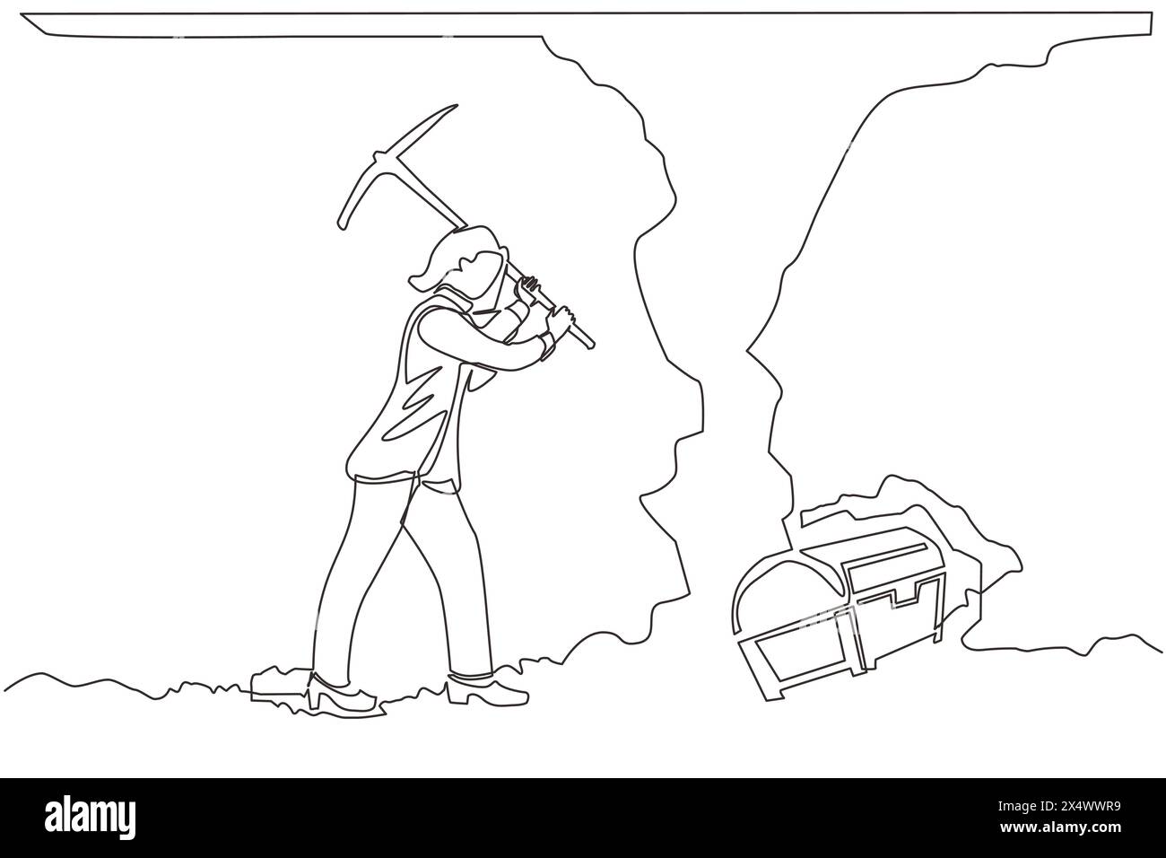 Single continuous line drawing businesswoman digging with pickaxe ...