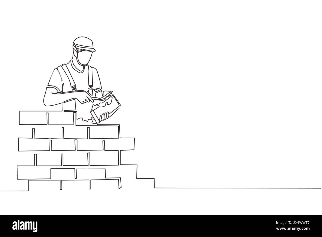 Continuous one line drawing repairman building brick wall. Construction ...