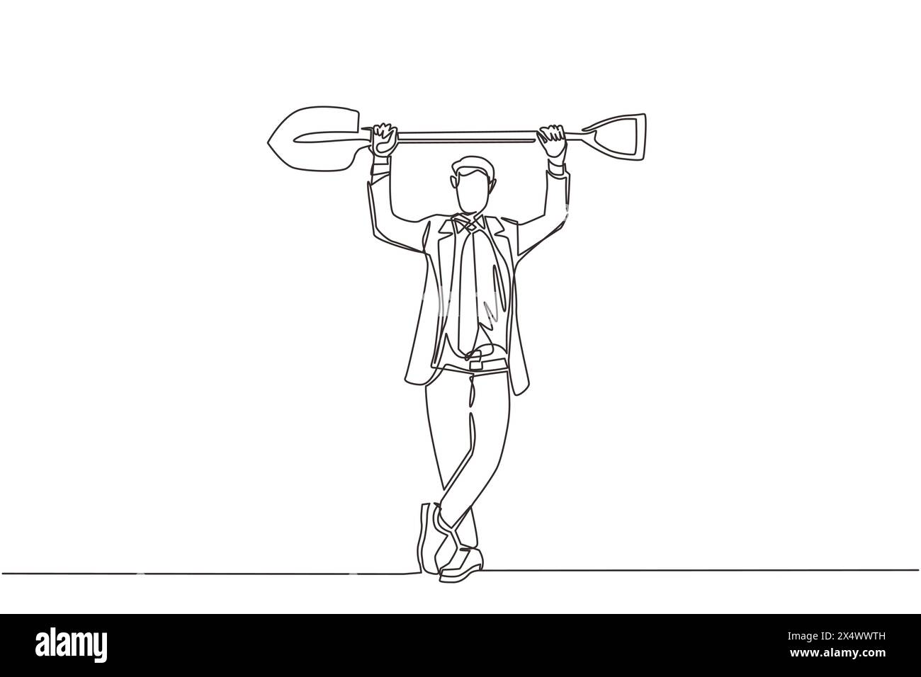 Continuous one line drawing businessman standing and lifting big shovel ...