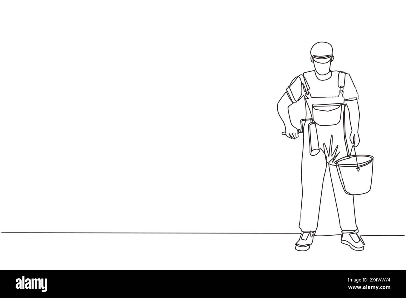 Single continuous line drawing man holds roller with paint and bucket ...