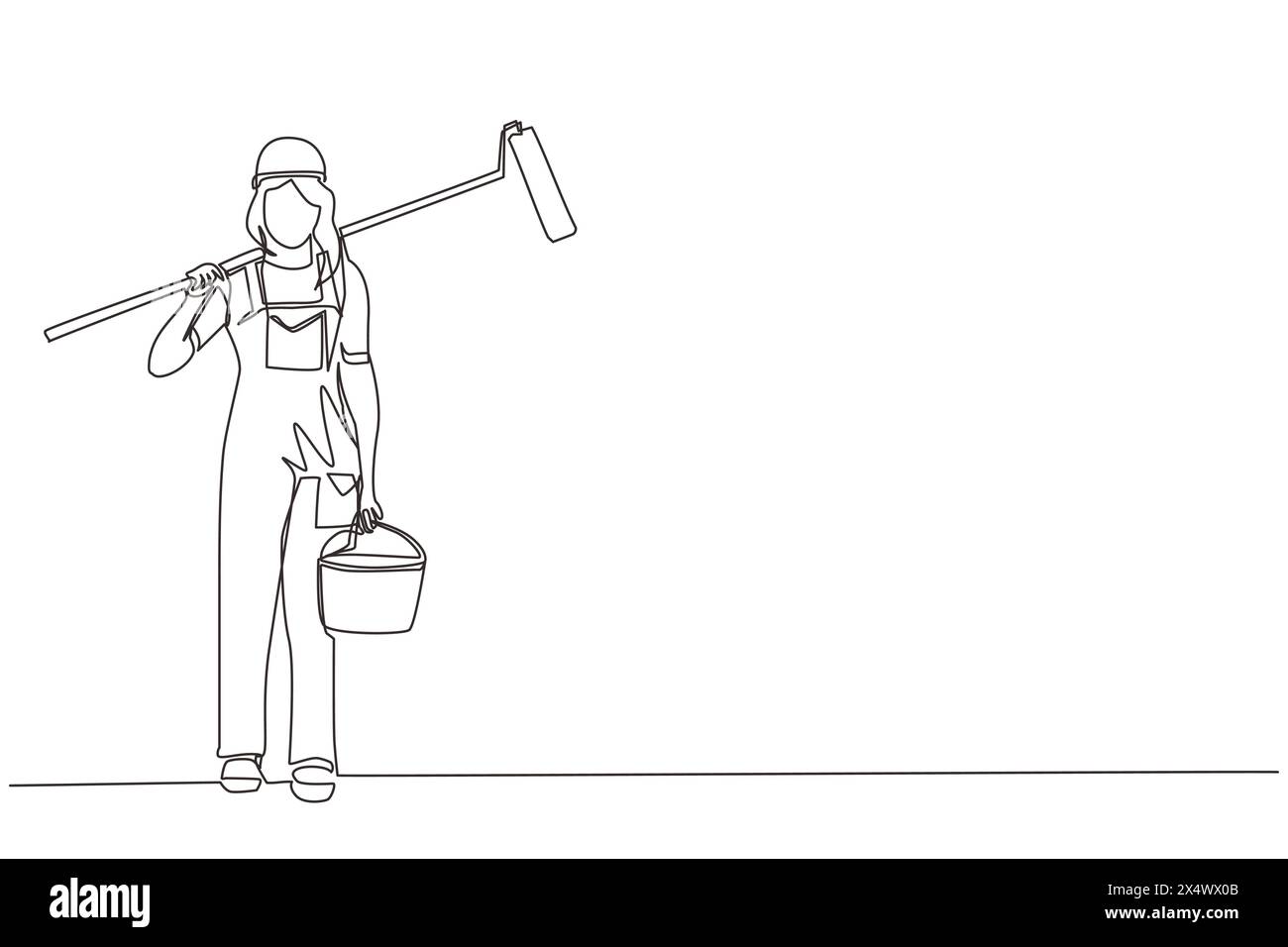 Single continuous line drawing female painter with bucket of paint and ...
