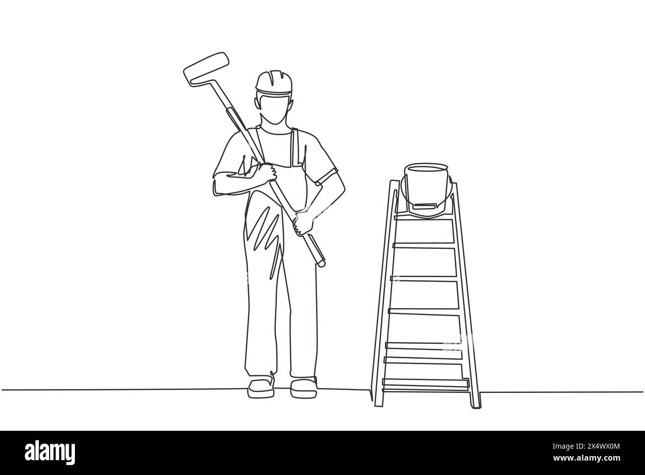 Continuous one line drawing painter man in overalls with a painting ...
