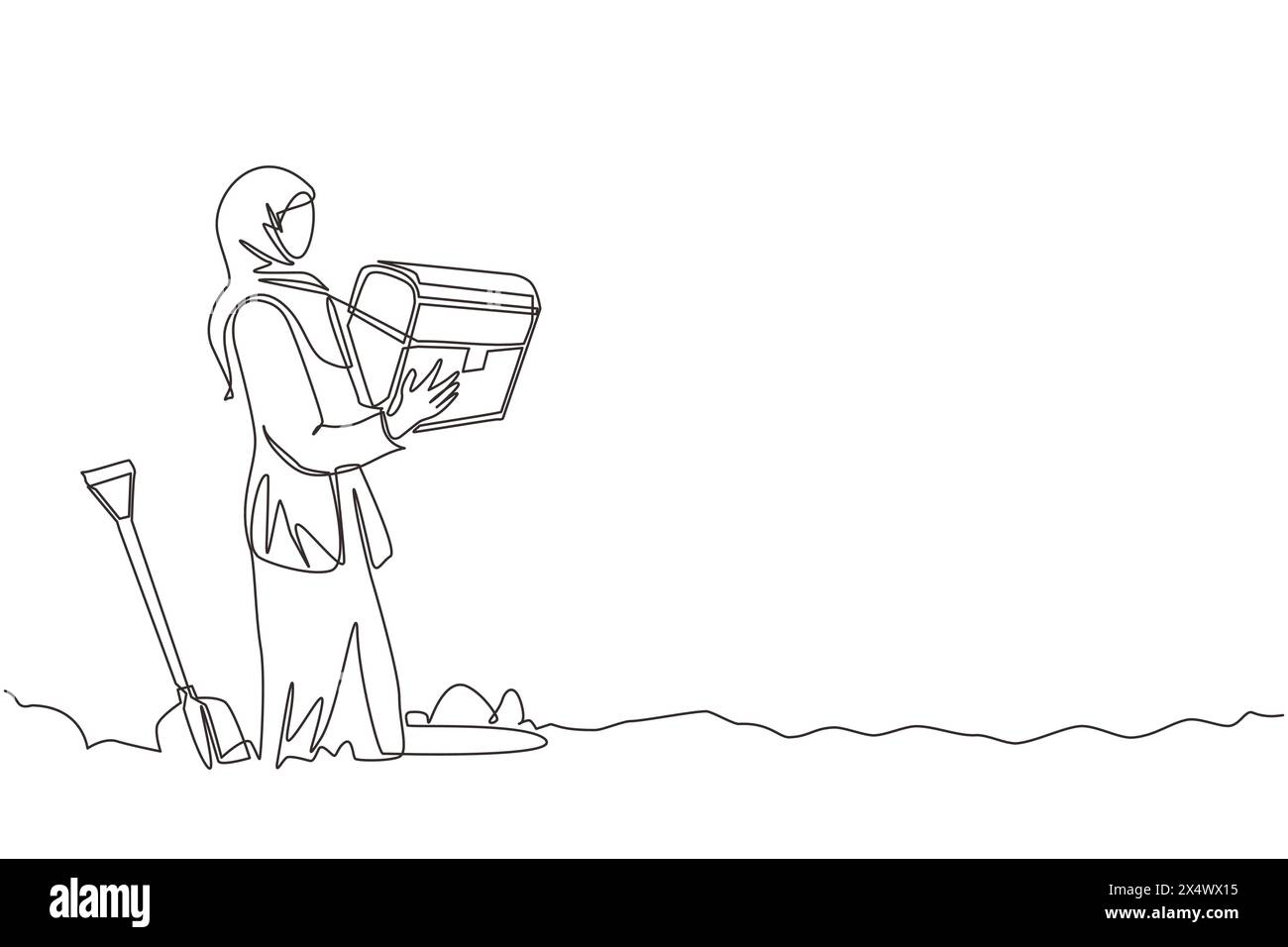 Single continuous line drawing Arab woman hunter seeker hold chest find ...