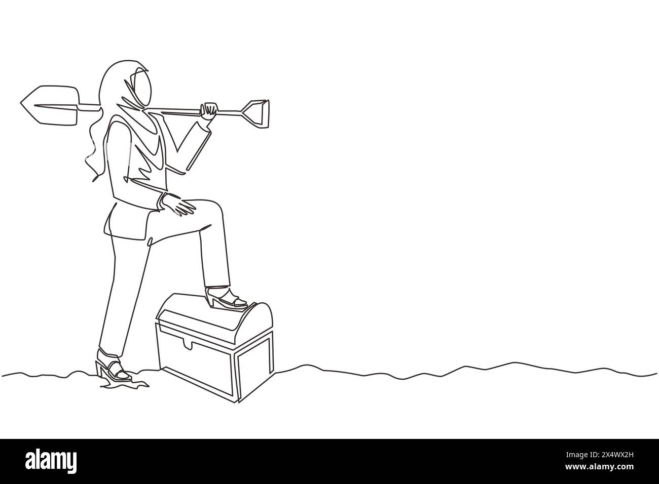 Continuous one line drawing Arab businesswoman digging ground with ...