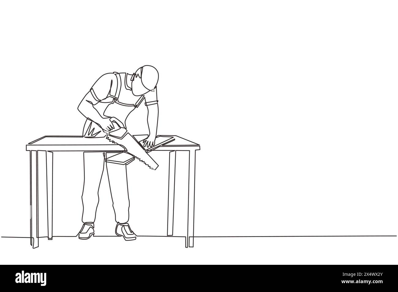 Single continuous line drawing builder or carpenter repairman sawing ...