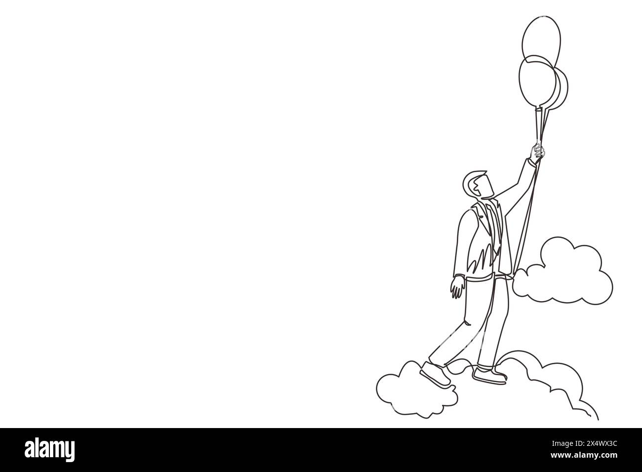 Single one line drawing businessman floating with balloon. Man holding ...