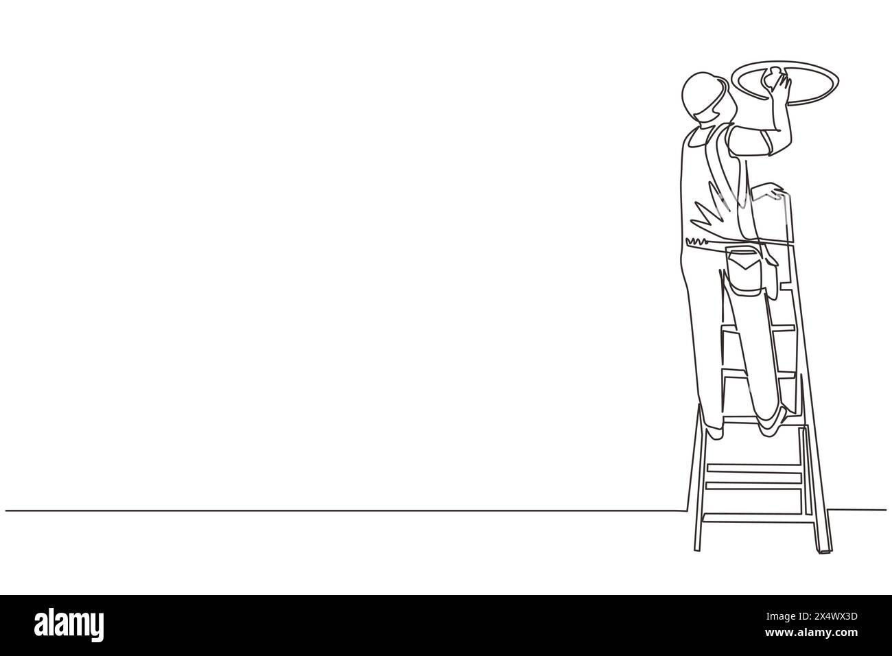 Continuous one line drawing worker electrician on ladder change light ...