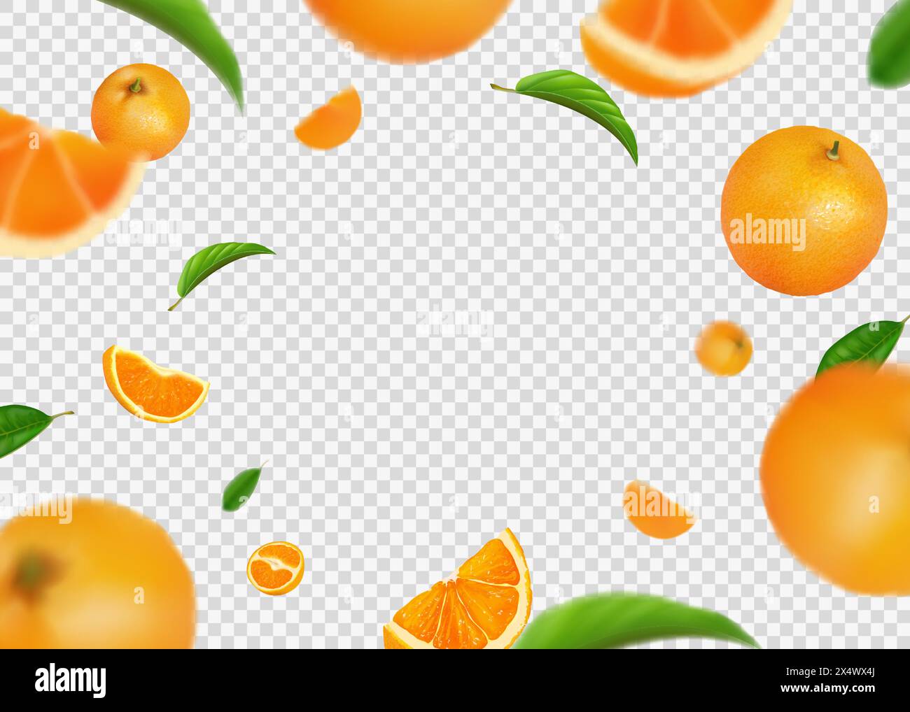 Flying oranges. Fruit juice fall, 3d citrus slices and fresh food ...
