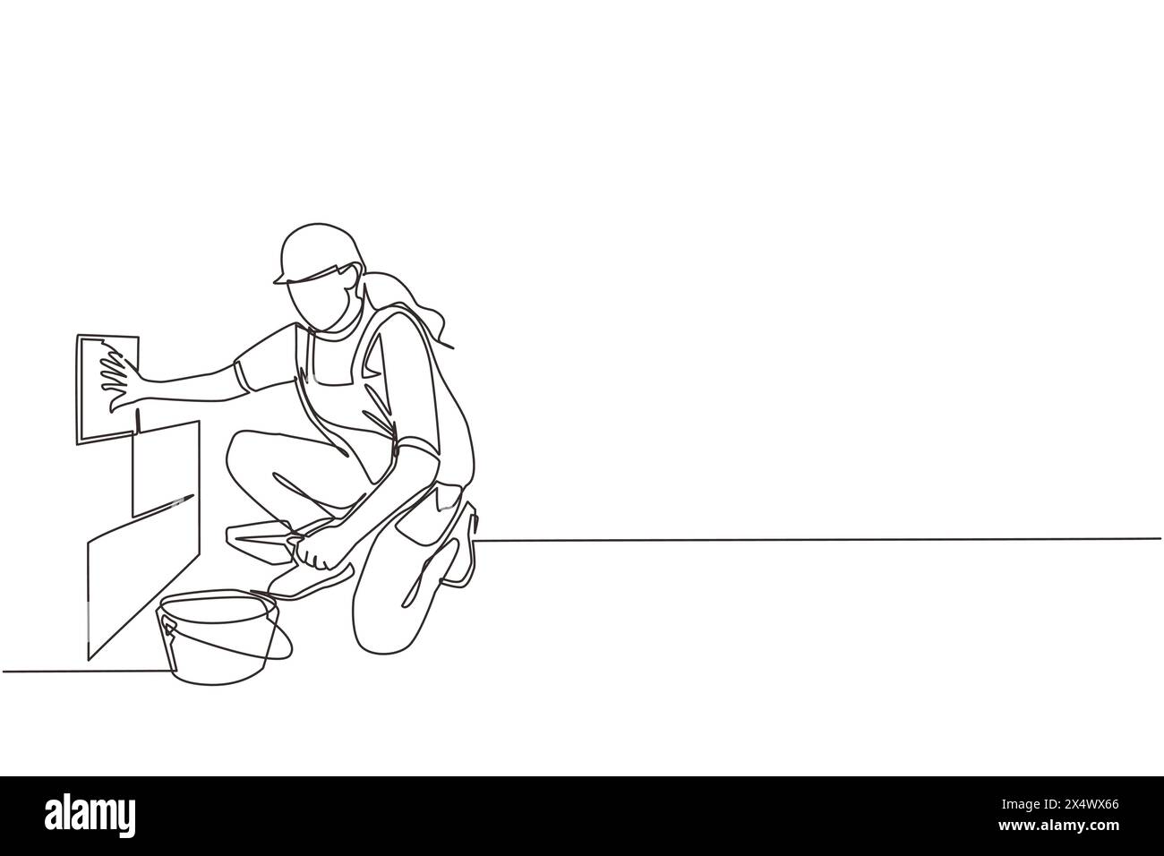 Single one line drawing repair worker laying ceramic wall tile ...