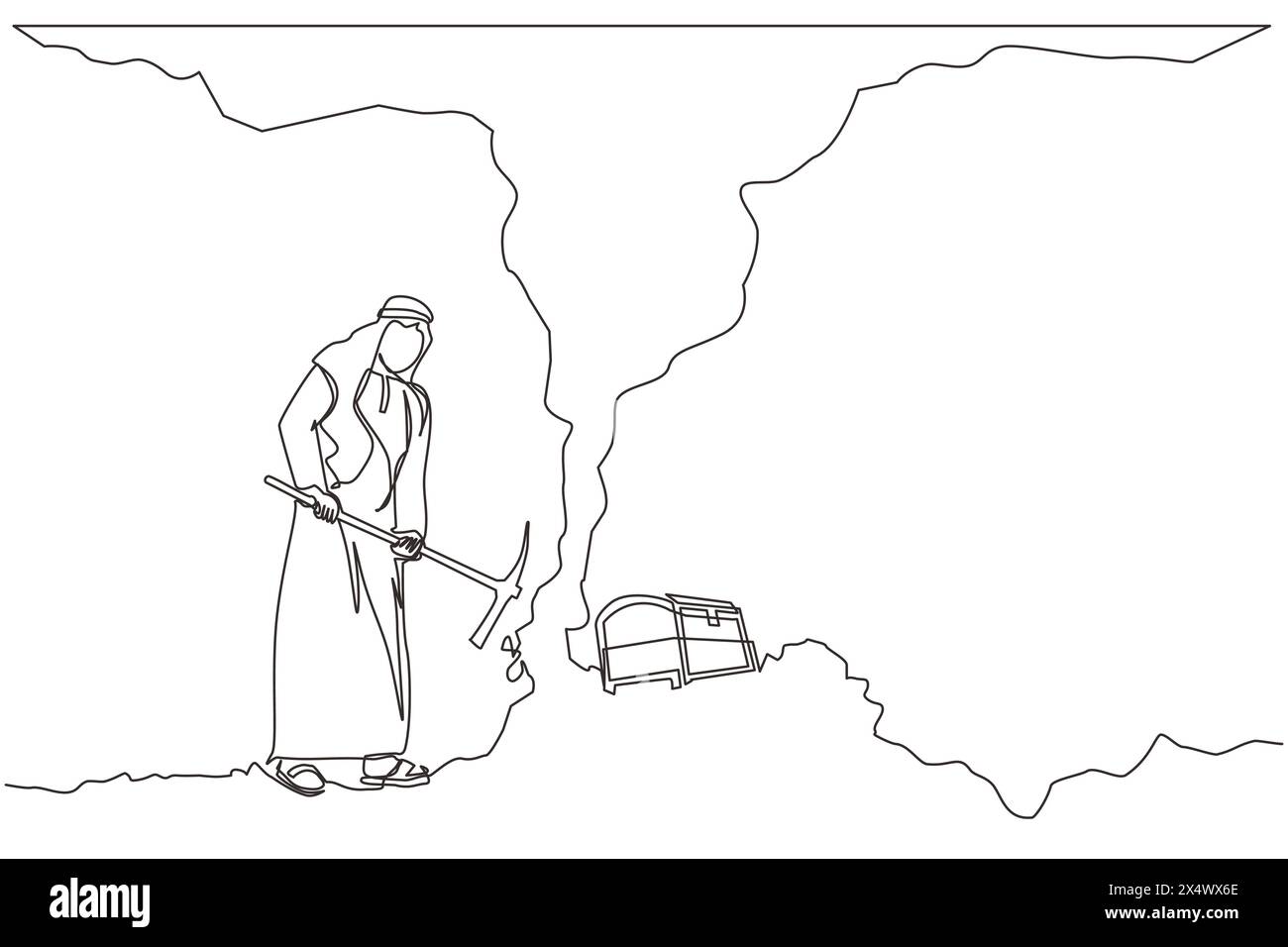 Single one line drawing Arab businessman digging with pickaxe looking ...