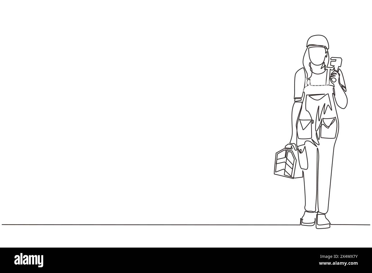 Single one line drawing woman plumber holding wrench and tools box in ...