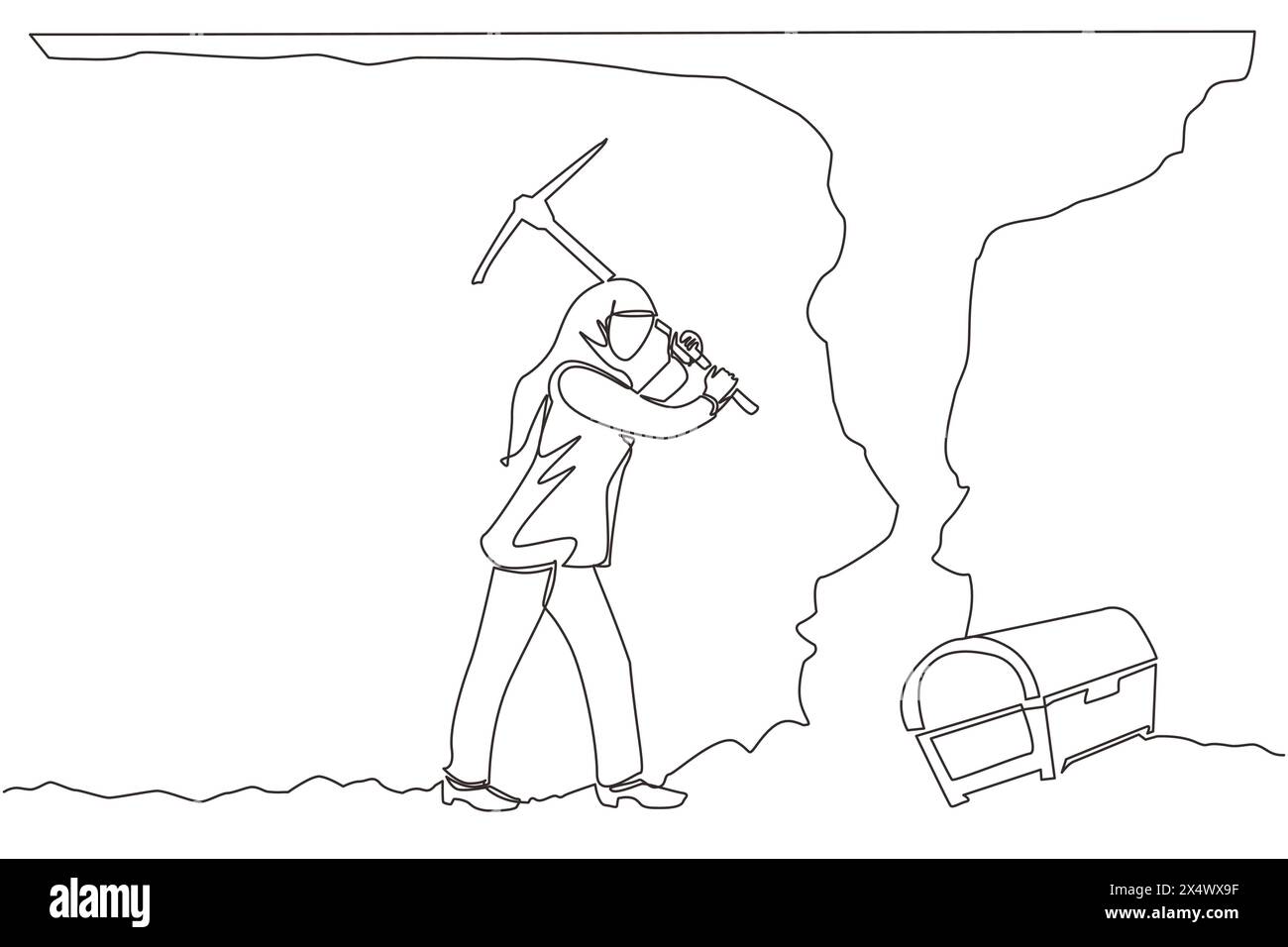 Continuous one line drawing Arabian businesswoman digging with pickaxe ...