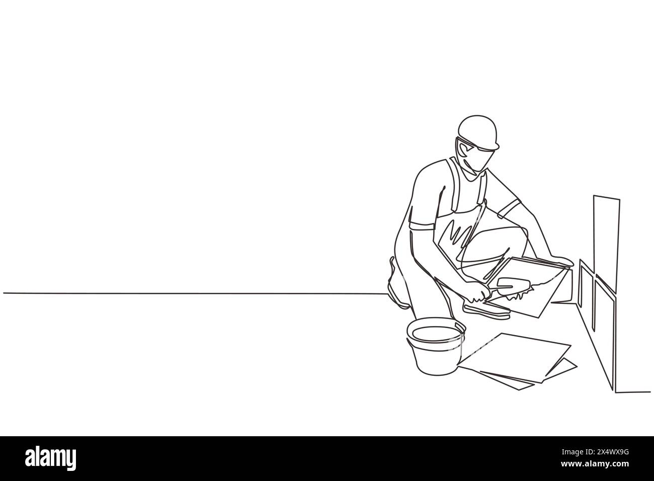 Single one line drawing repair worker laying ceramic wall tile ...