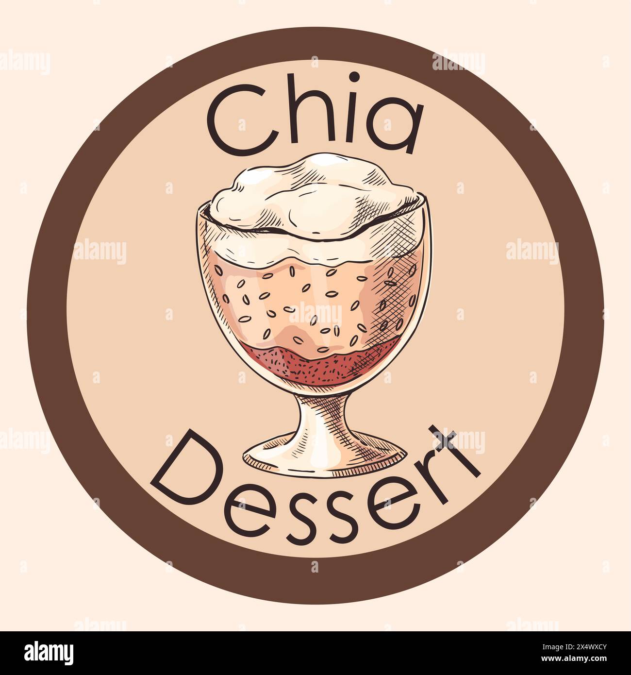 Chia dessert. Food sketch. Glass bowl with healthy pudding. Sweat cream ...