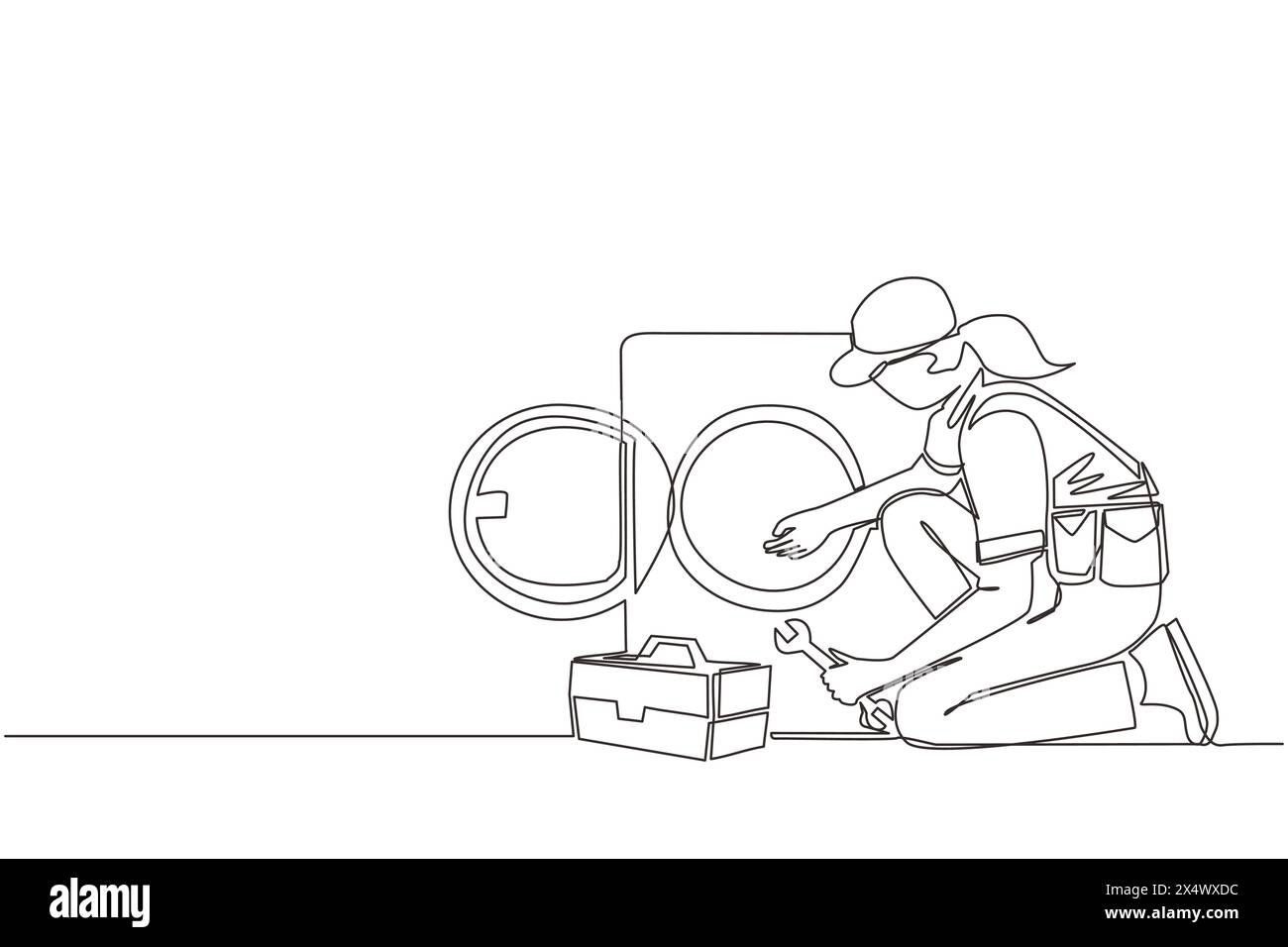Single continuous line drawing professional repairwoman fixing washing ...