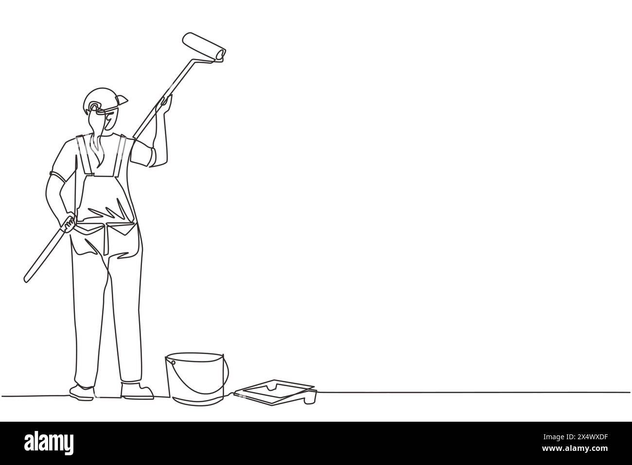 Single continuous line drawing woman painting wall with roller. Vector ...