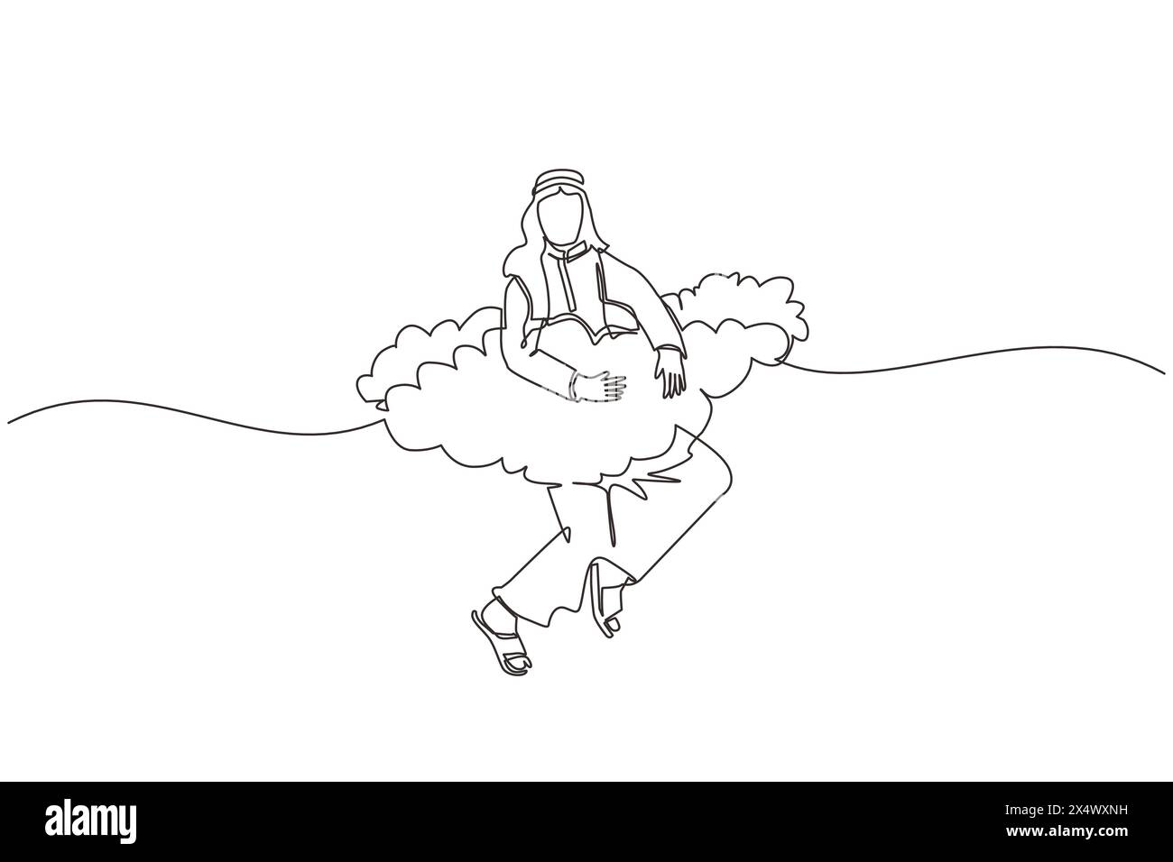 Continuous one line drawing Arabic businessman hang in clouds. Hoping ...