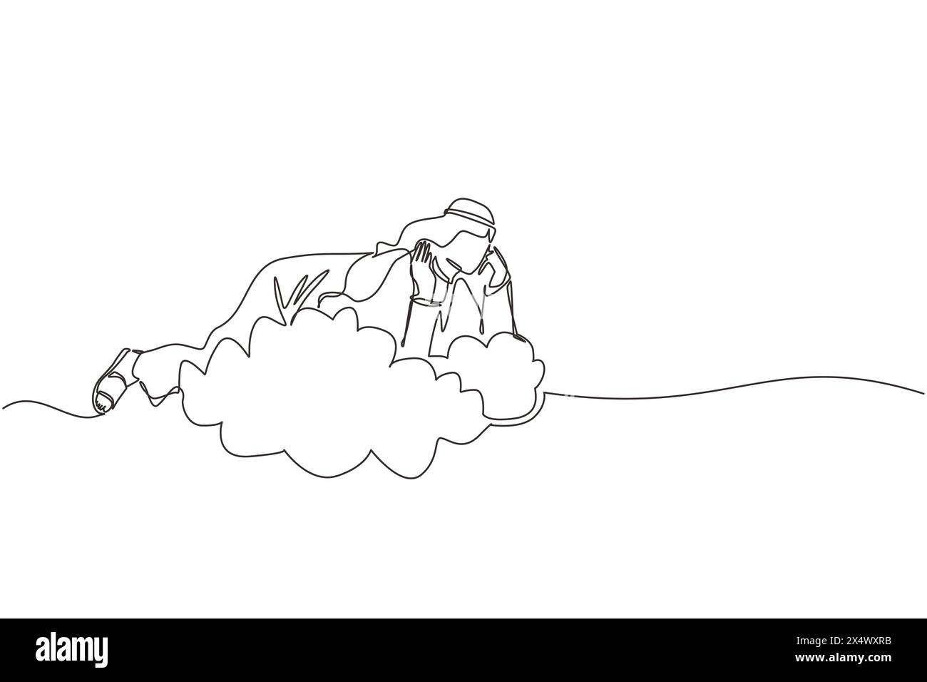 Single continuous line drawing dreamer. Arabic businessman lay on the ...