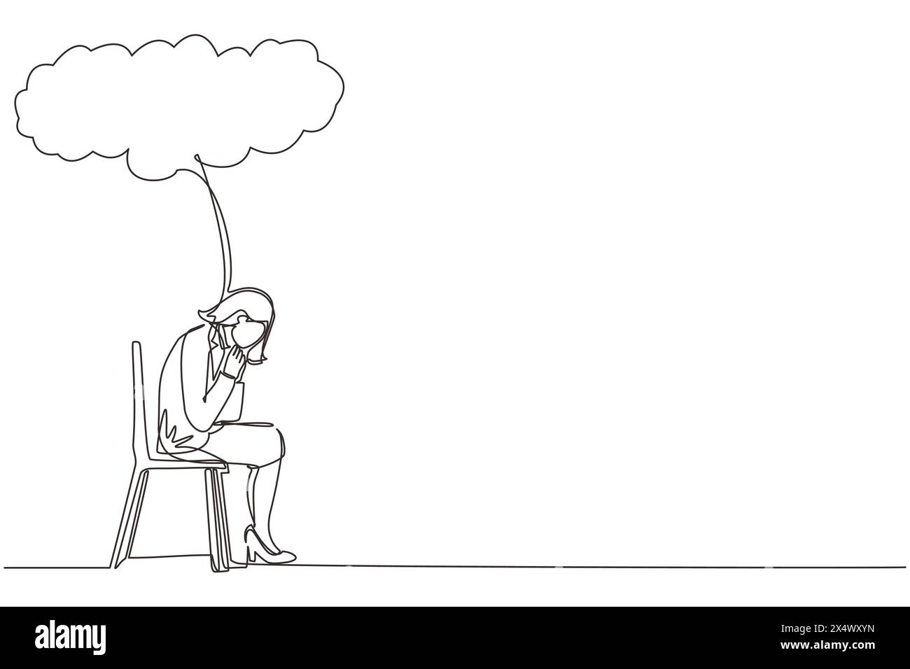 Single one line drawing businesswoman sitting under rain cloud ...