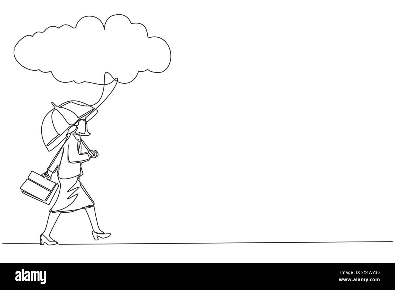 Continuous one line drawing businesswoman with briefcase and umbrella ...