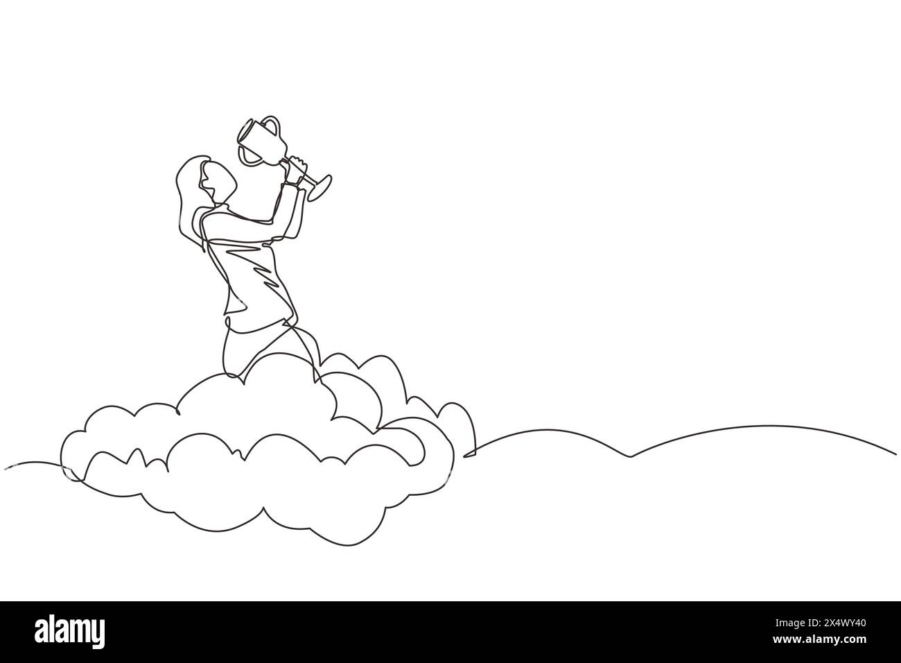 Single continuous line drawing businesswoman holding trophy in cloud ...