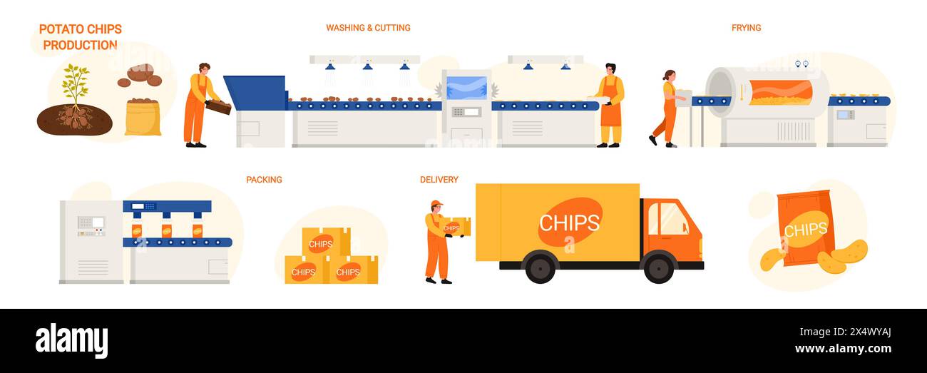 Potato chips production, infographic process in food industry. Stages ...