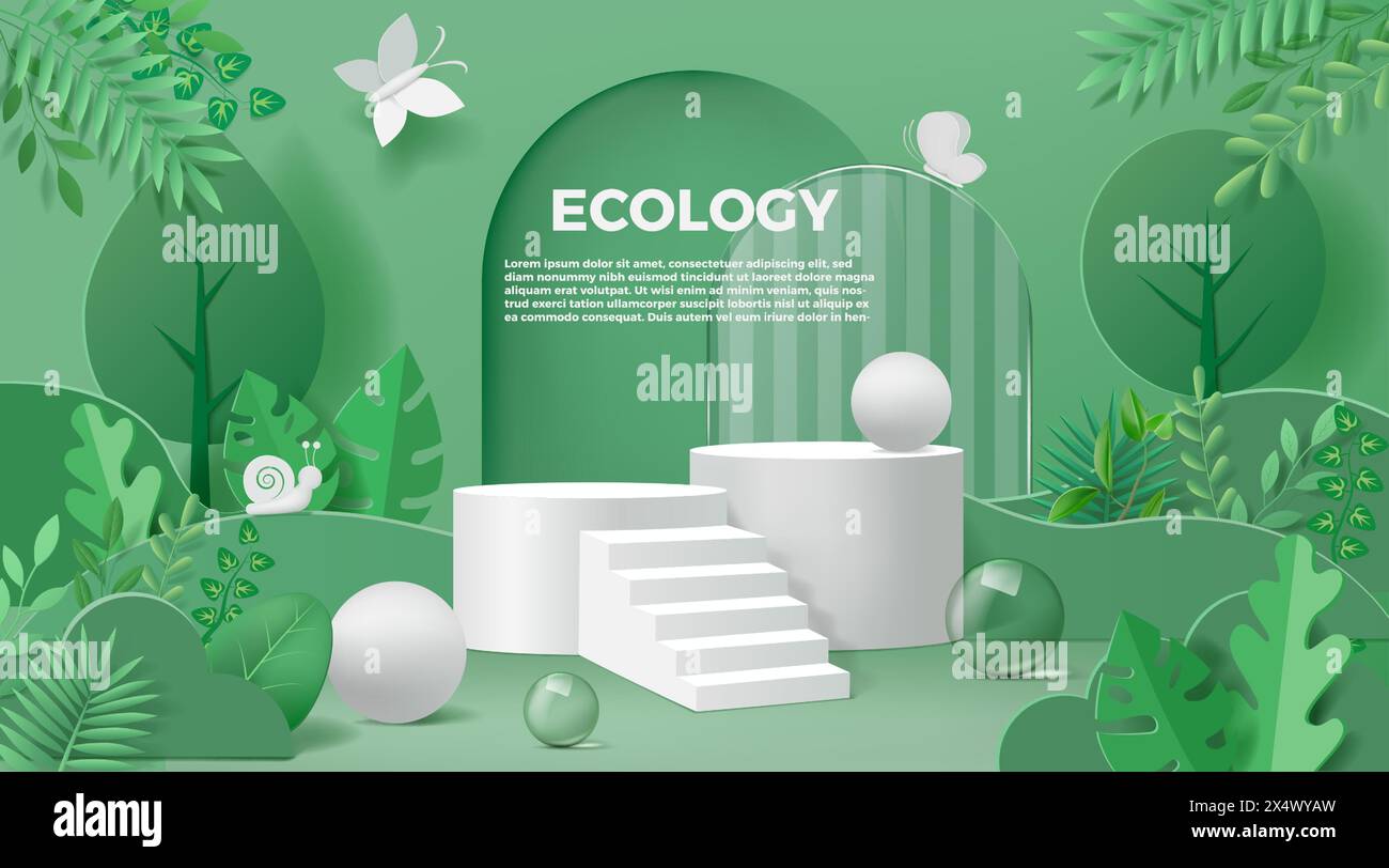 Green background. Eco tree banner with organic product podium in garden ...