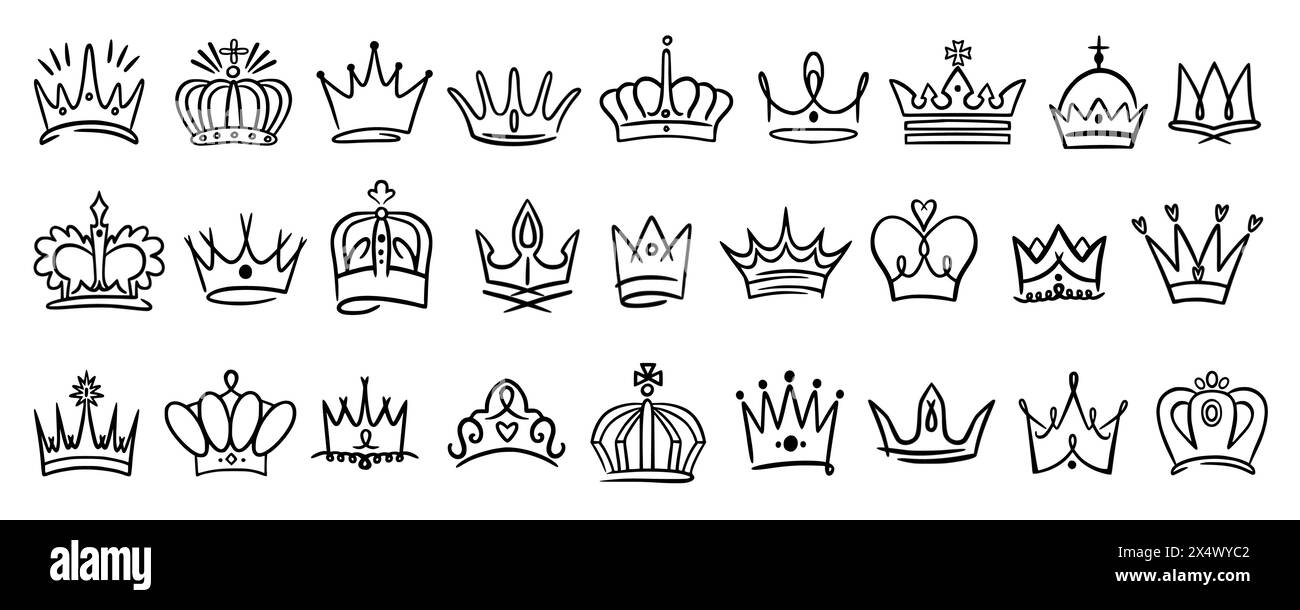 King crown. Doodle hand drawn queen line art logo, grunge urban sketch ...