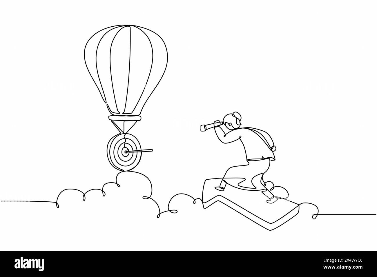 Continuous one line drawing female manager riding forward arrow and ...