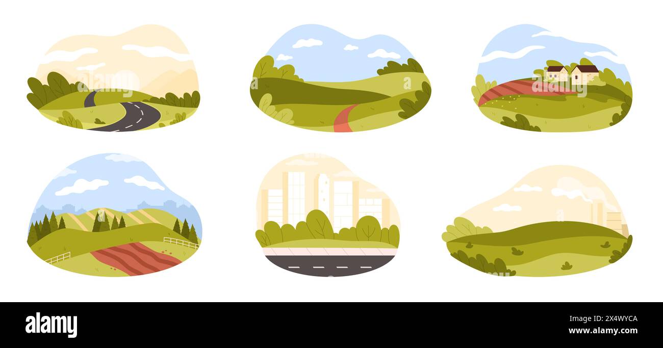 City and summer village landscapes set. Urban scenes with modern ...