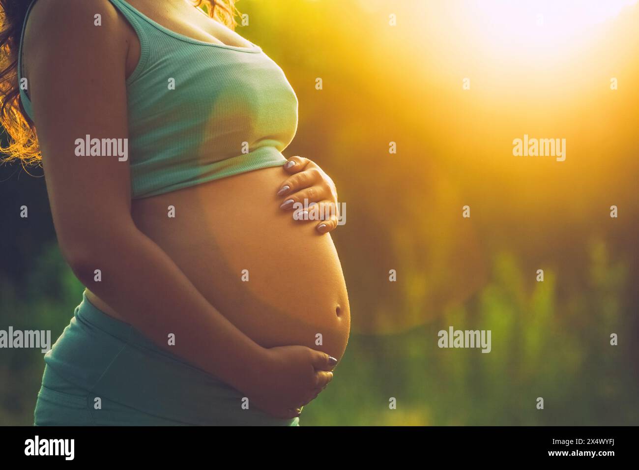 Adult pregnant woman on against the backdrop of the sunset in the park ...