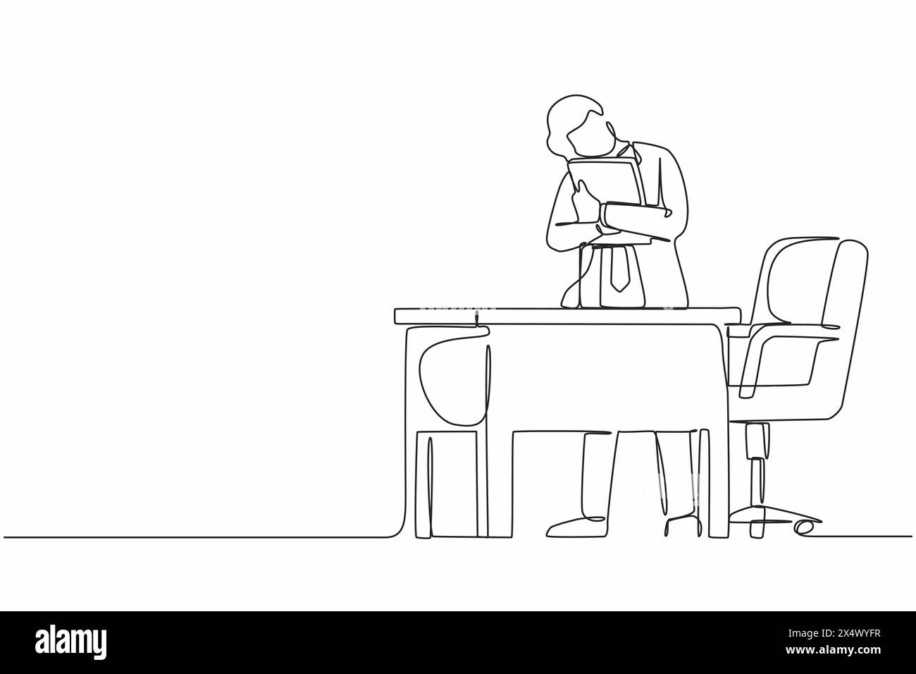 Single continuous line drawing businessman hugging laptop at office ...