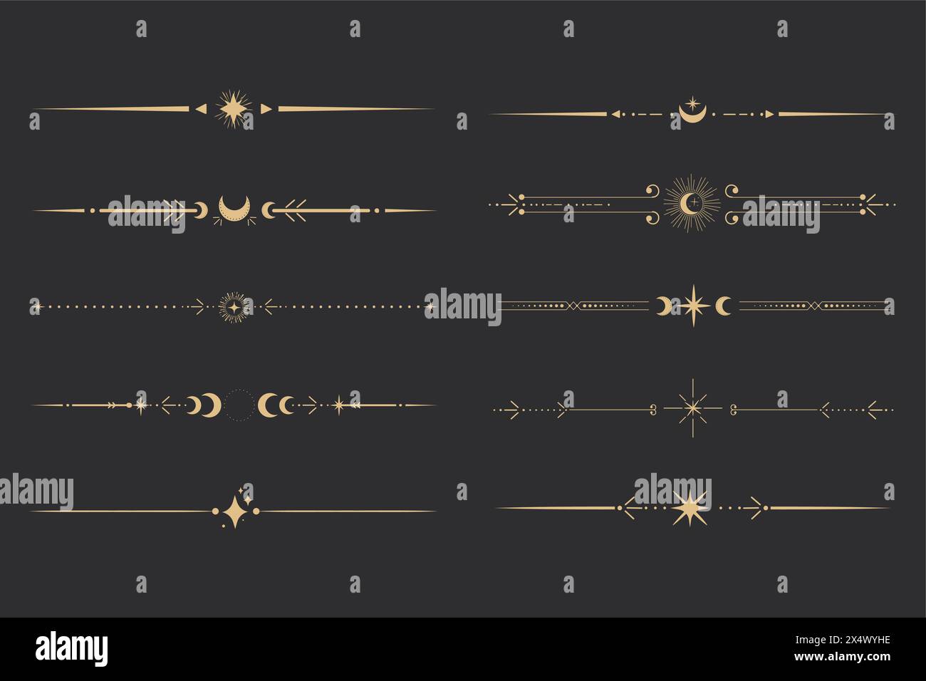 Golden divider celestial border with stars moon and sun thin line ...