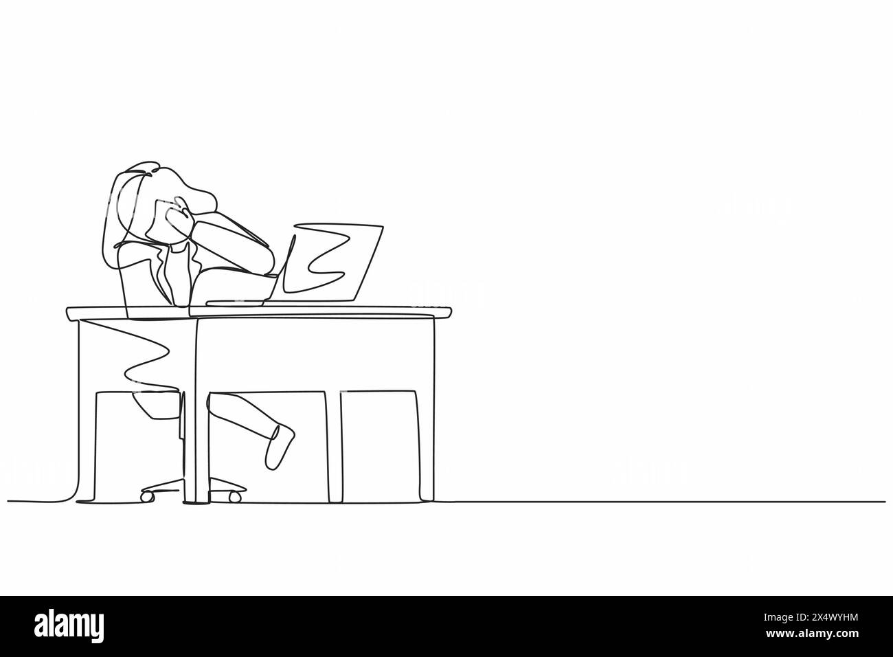 Single One Line Drawing Scared Woman Manager Looking At Laptop Computer Screen Shocked Girl