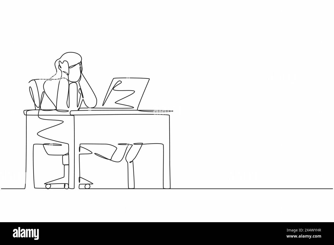 Single continuous line drawing tired office worker woman character ...