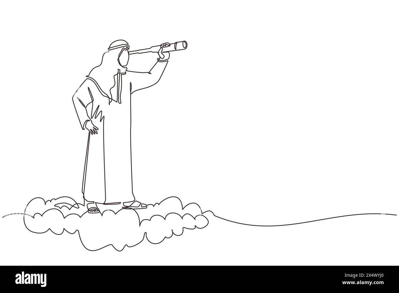 Single continuous line drawing Arabian businessman riding high cloud ...