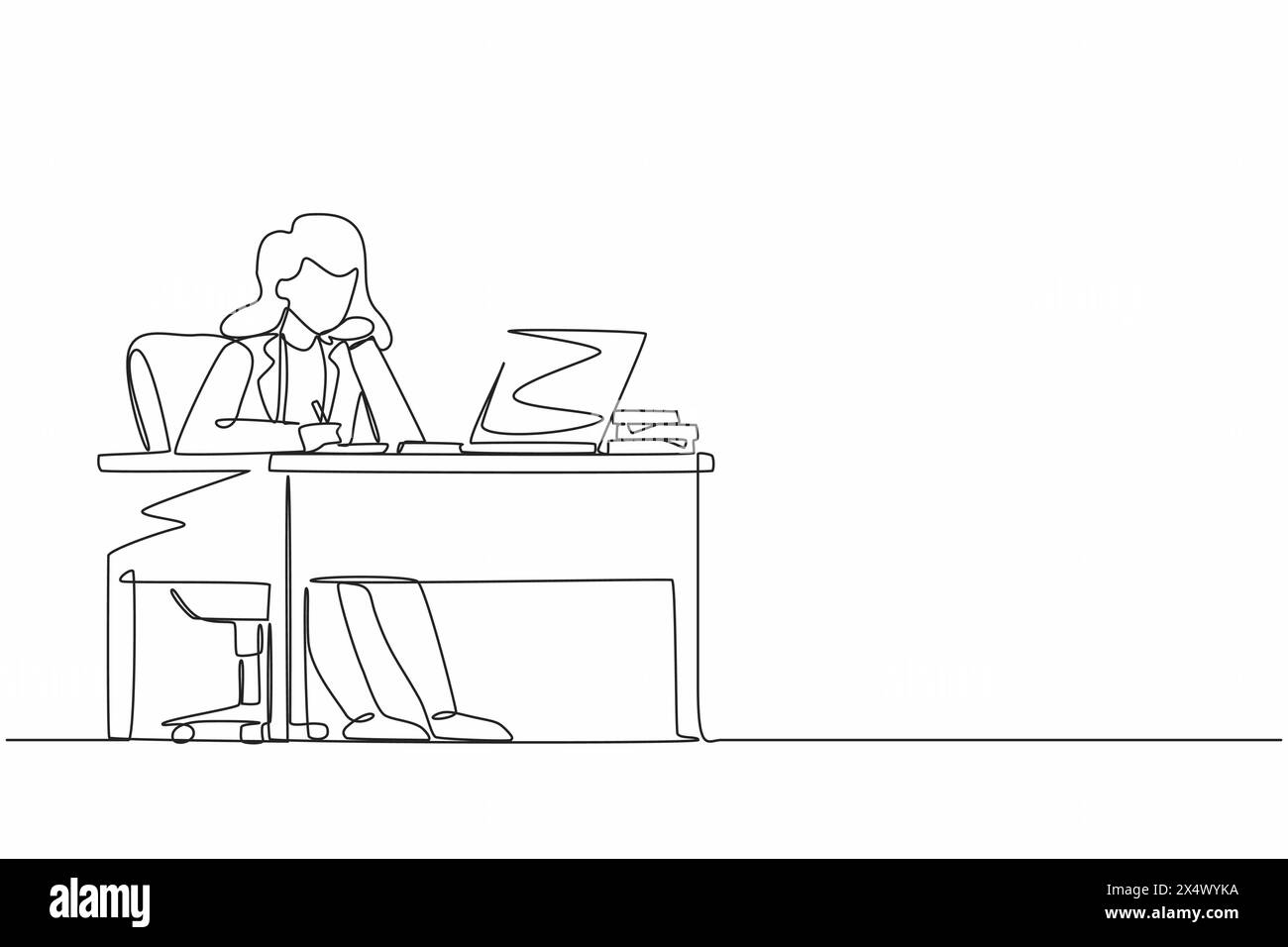 Single continuous line drawing businesswoman writing sitting in front ...