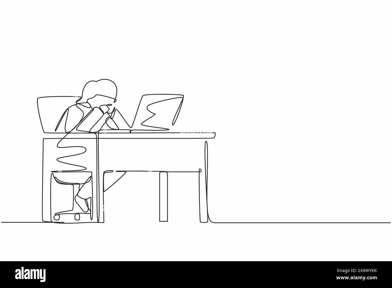 Continuous one line drawing pensive businesswoman working at laptop ...