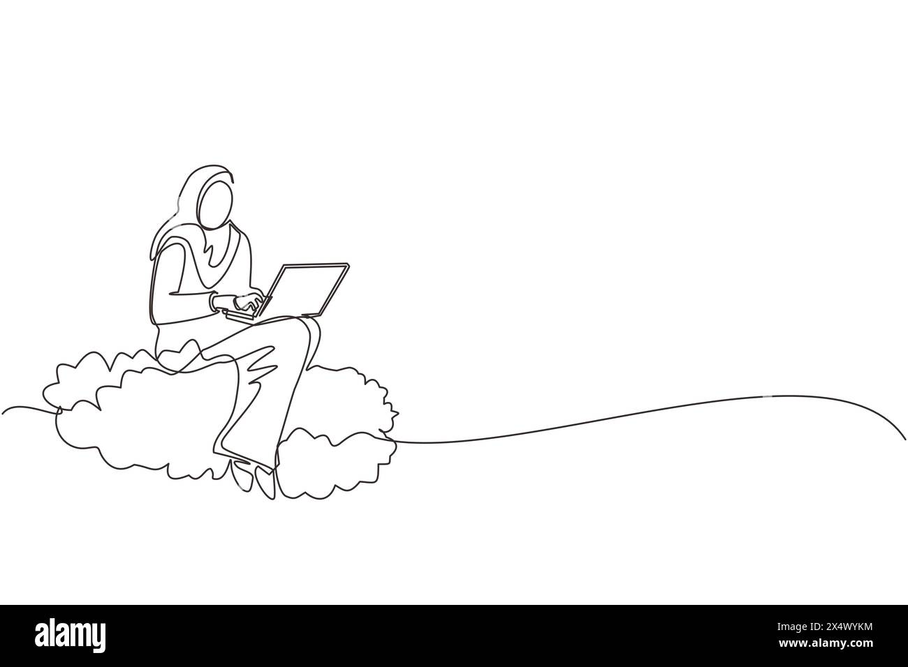 Single one line drawing Arab businesswoman sitting on cloud in sky and ...