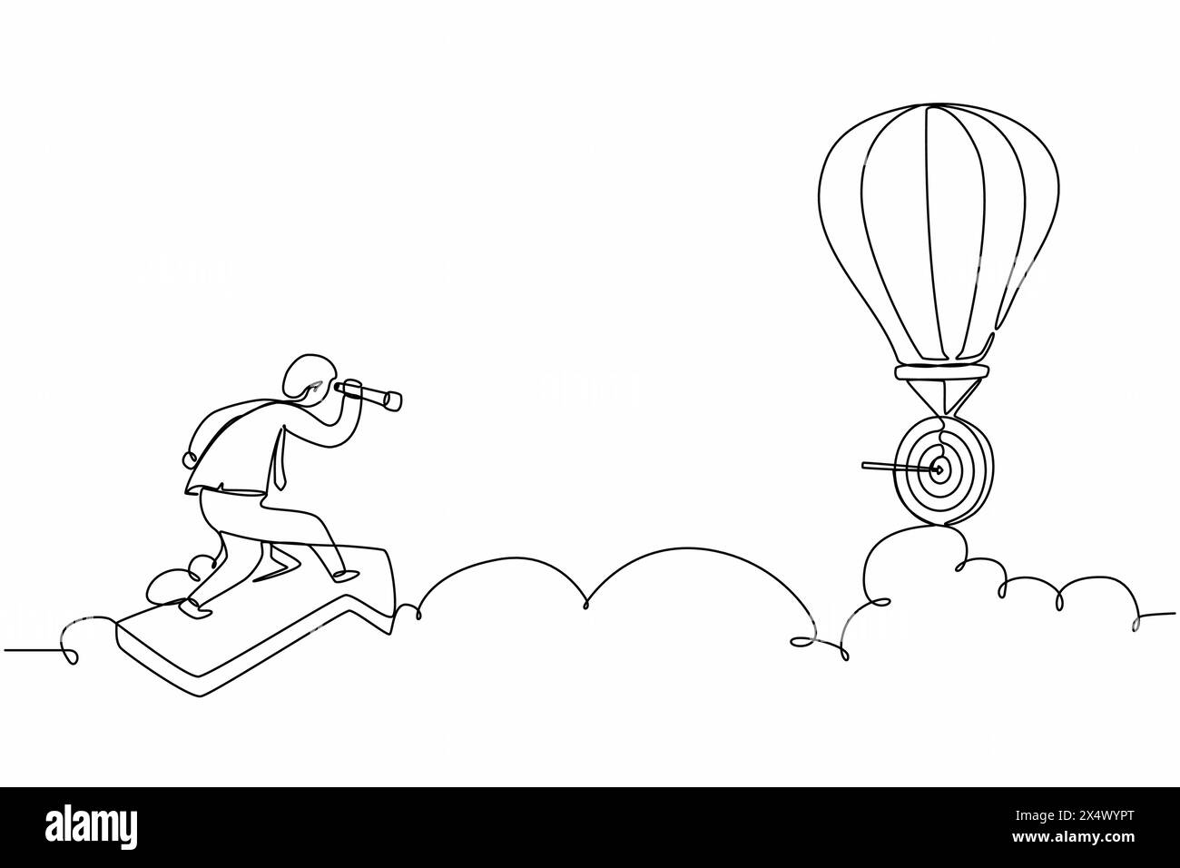 Single one line drawing male employee fly on arrow and using monocular ...