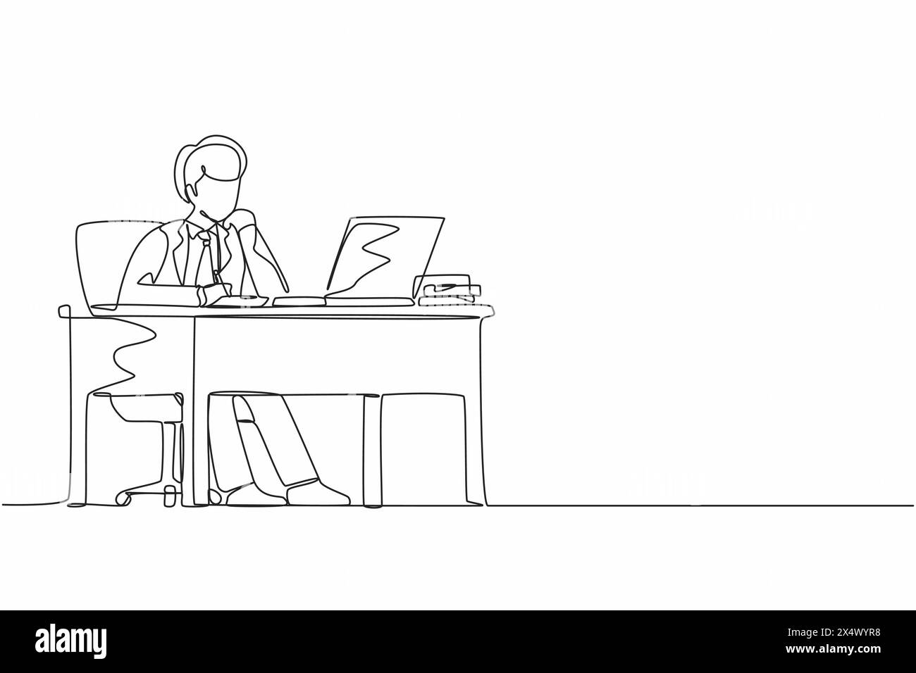 Single continuous line drawing businessman writing sitting in front of ...