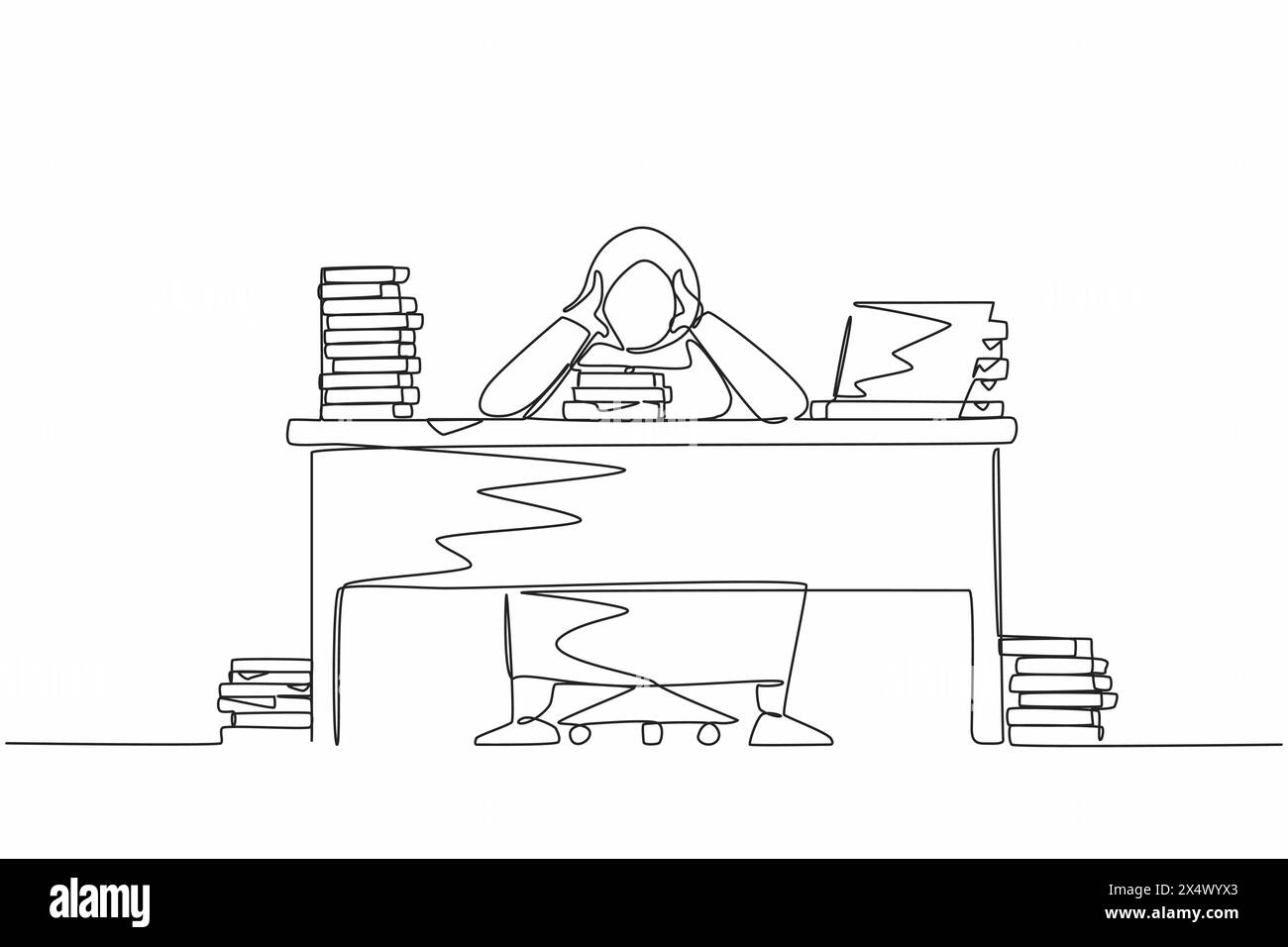 Single continuous line drawing stressed Arabian businesswoman throwing ...