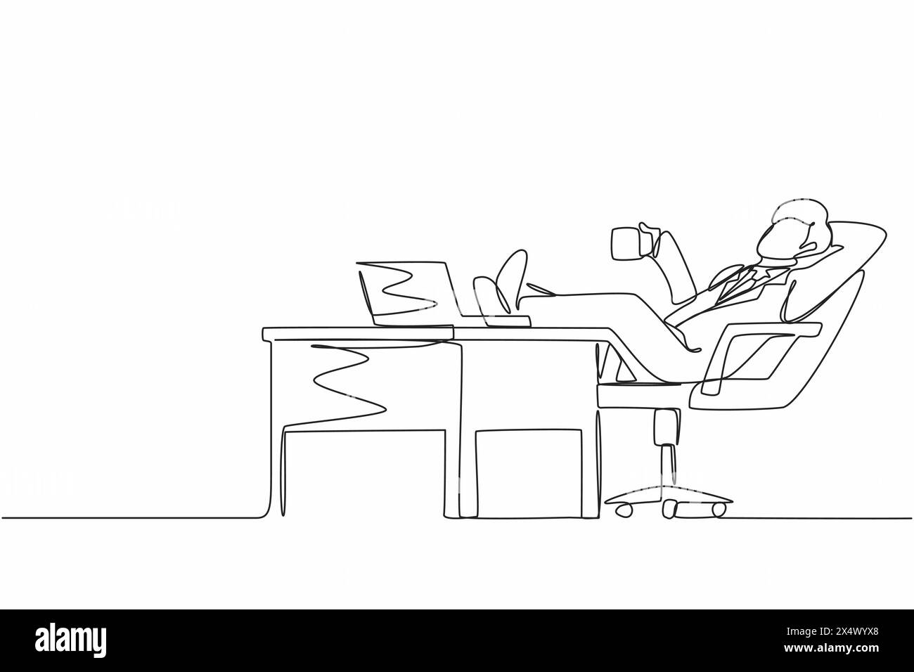 Single one line drawing young businessman work relaxed at desk and ...